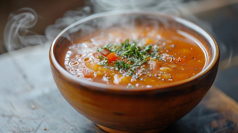 Comfort Food Steaming Bowl of Soup on Table with Fines Herbes Stock ...
