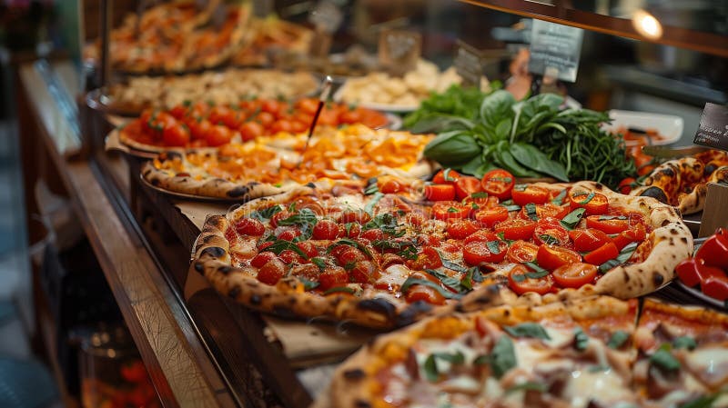 A Display Case Filled with Lots of Different Types of Pizzas Stock ...