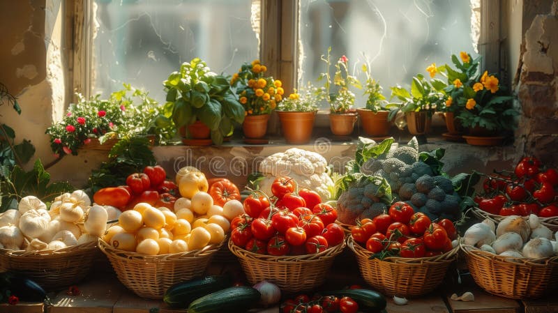 Display of Fresh, Local Produce on a Table by a Window Stock Image ...