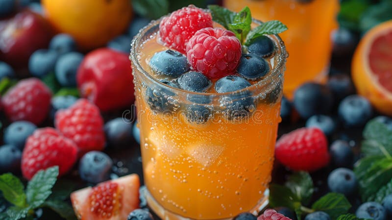 A Fruity Glass of Orange Juice Topped with Raspberries and Blueberries ...