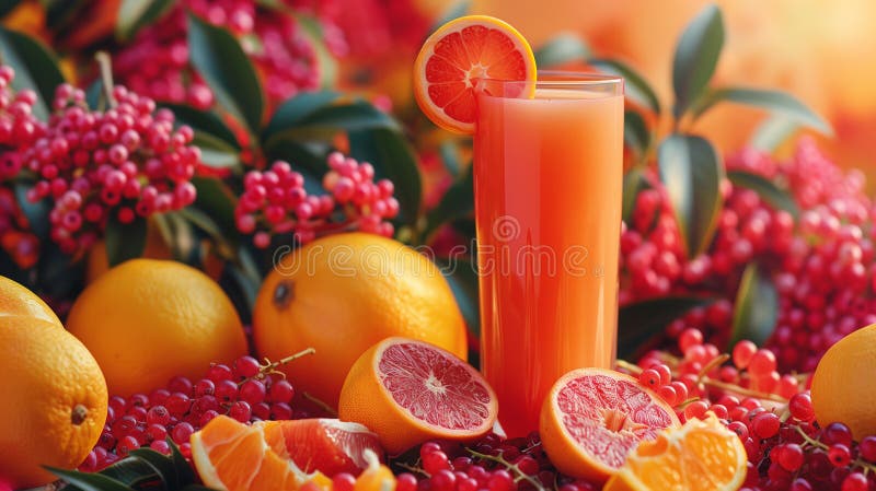A Glass of Valencia Orange Juice with Fresh Berries and Oranges on ...
