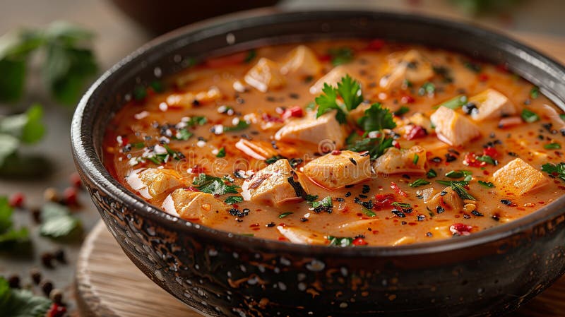 A Hearty Stew with Chicken, Vegetables, and Cheese on a Rustic Wooden ...