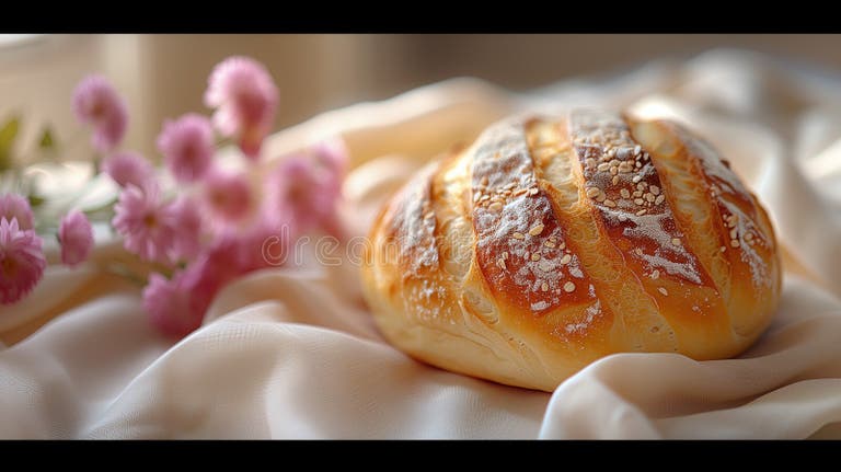 A Loaf of Bread Rests on a Cloth beside Pink Flowers Stock Photo ...