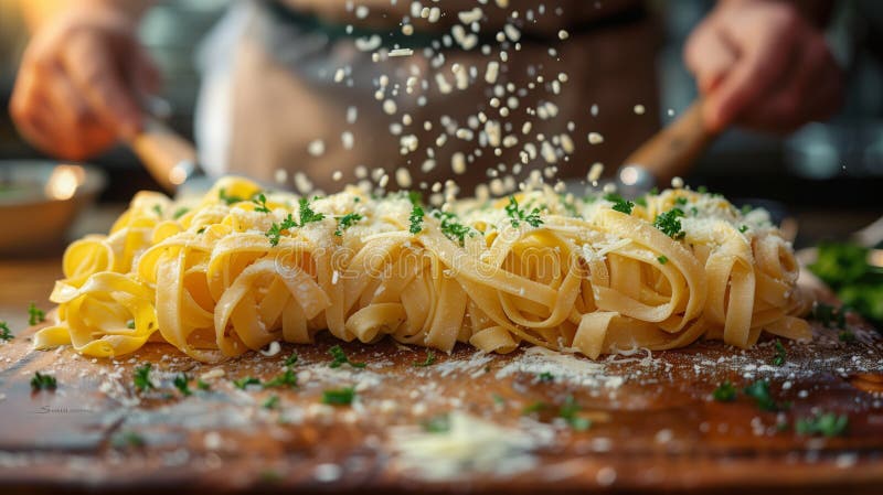 Person Sprinkling Cheese on Pasta Pile on Cutting Board Stock Photo ...