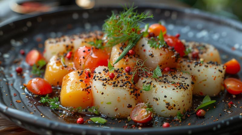 A Plate of Food with Tomatoes, Garnish, and Fines Herbes on a Table ...