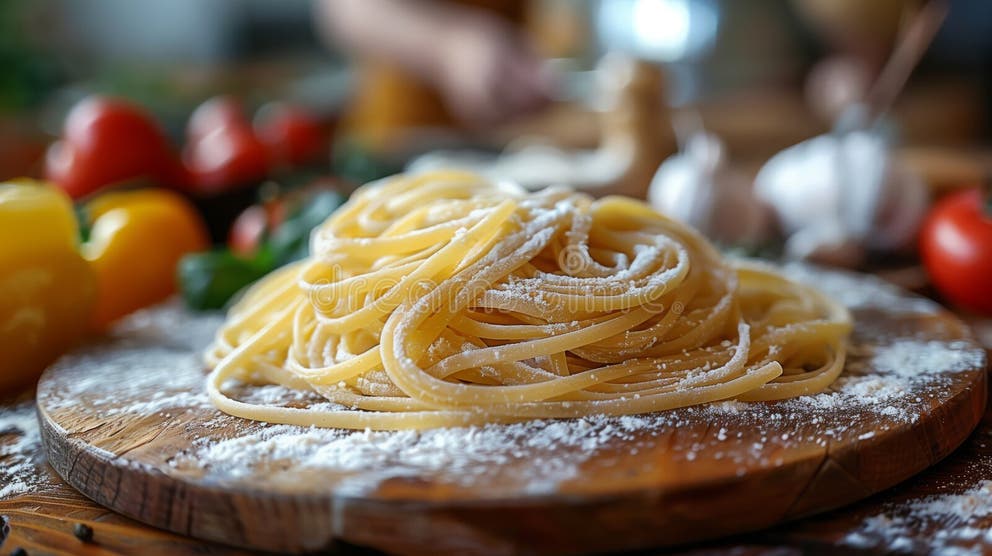 A Stack of Spaghetti Rests on a Wooden Cutting Board Stock Photo ...