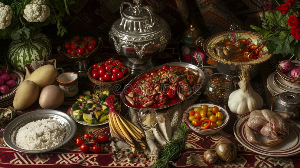 A Table Adorned with Plates of Food, Vegetables, and Dishware Stock ...
