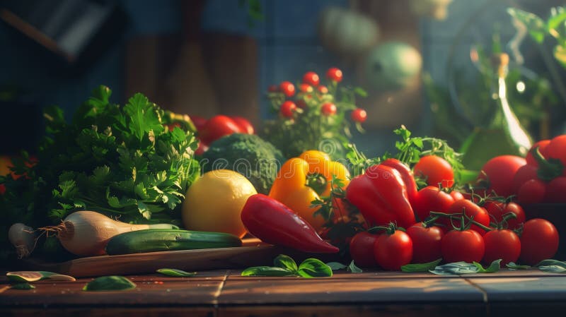 A Table Display of Food Ingredients Fruits and Vegetables Stock Photo ...