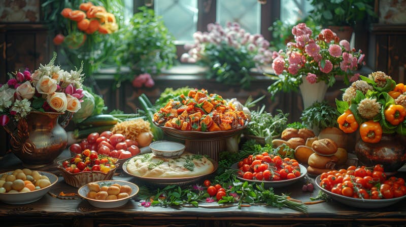 A Table Topped with Plates of Food and Flowers Stock Image - Image of ...