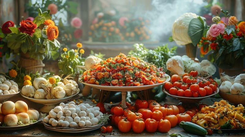 A Table Topped with Plates of Food and Flowers Stock Image - Image of ...