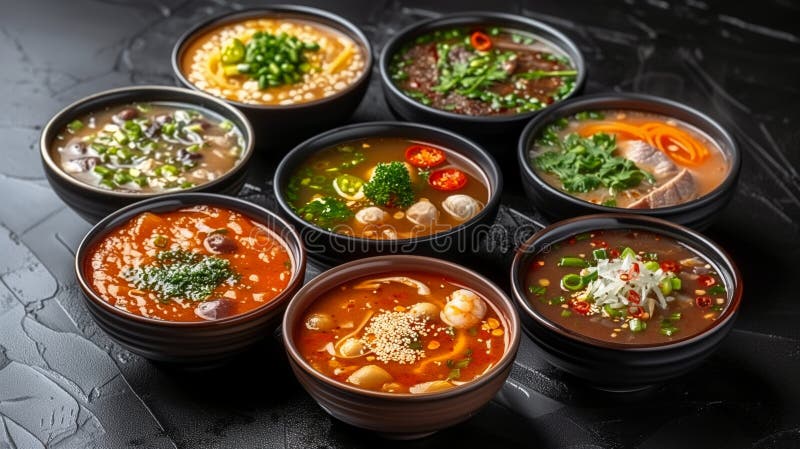 A Variety of Soups with Different Ingredients and Garnishes in the ...