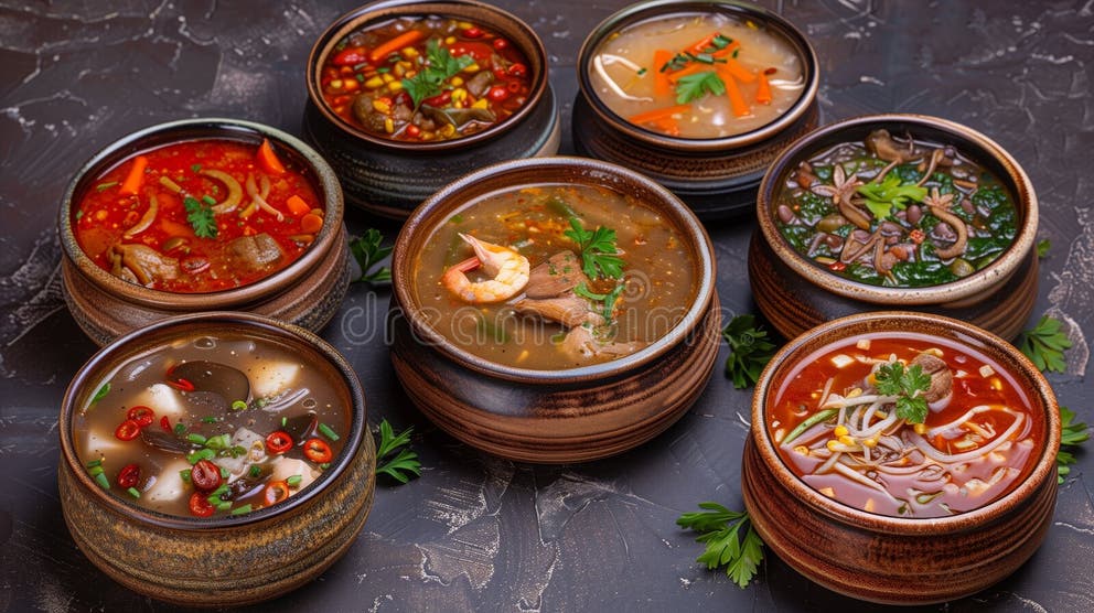 Various Bowls Contain Different Types of Soups, a Comforting Delicacy ...
