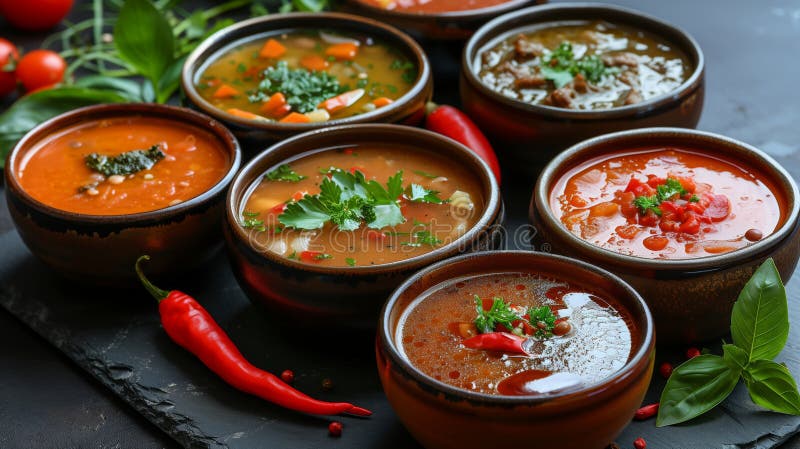 Various Soups in Bowls Made with Different Ingredients and Recipes ...