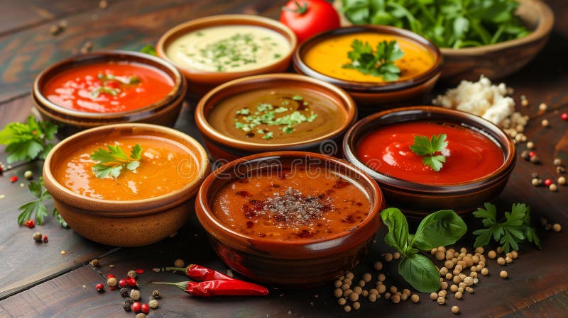 Various Soups in Bowls on Table, Made with Different Ingredients and ...