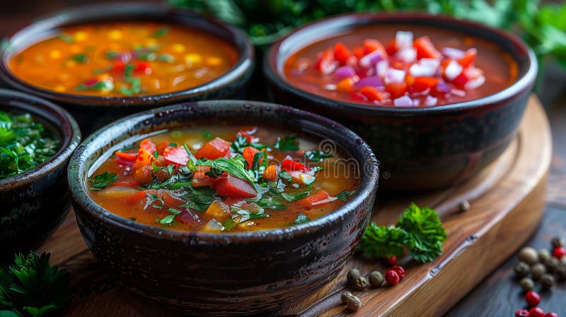 Various Soups in Bowls on the Table Showcasing Diverse Cuisines Stock ...