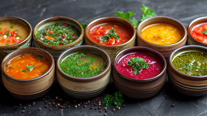 Various Soups Made with Different Plantbased Ingredients in Bowls Stock ...