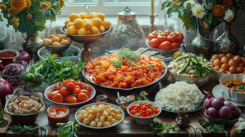 Various Types of Food Ingredients and Dishes on the Table Stock Image ...