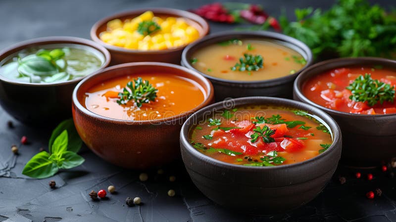 Various Types of Soup Served in Bowls on the Table Stock Photo - Image ...