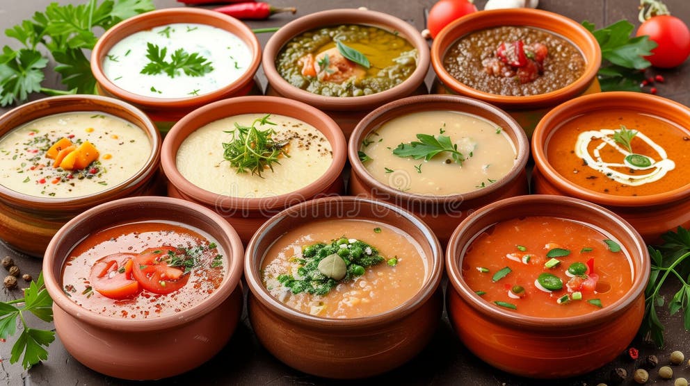 Various Types of Soups with Different Ingredients and Produce in the ...