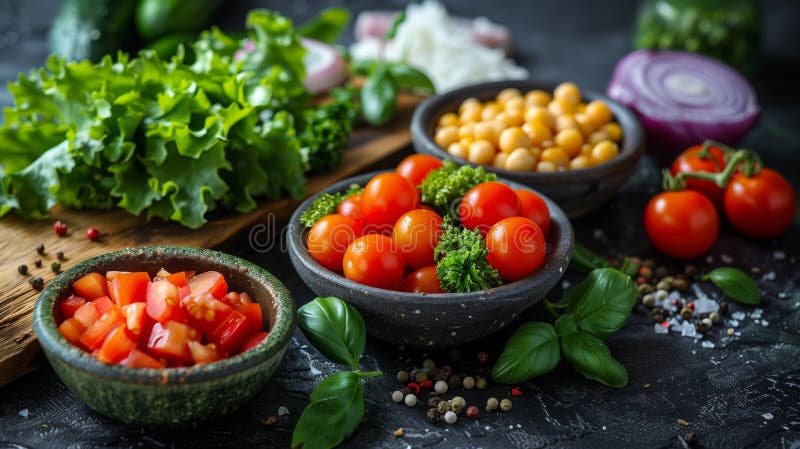Various Veggies in Bowls on Table Natural Foods for Recipes Stock Image ...