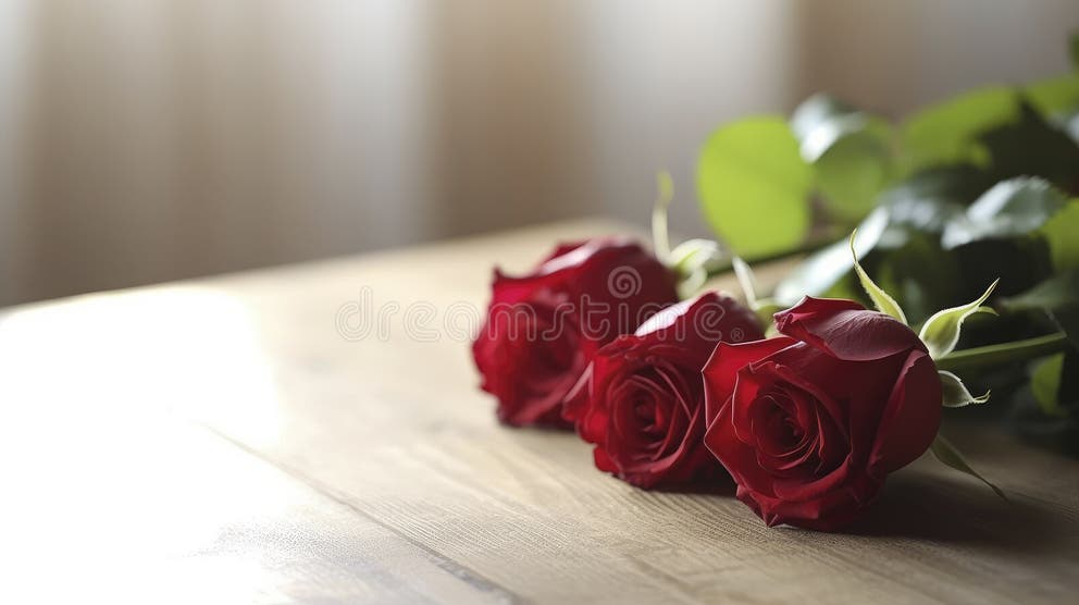 Bunch of Red Roses on Table. Red Roses on a Wooden Table on a Romantic ...