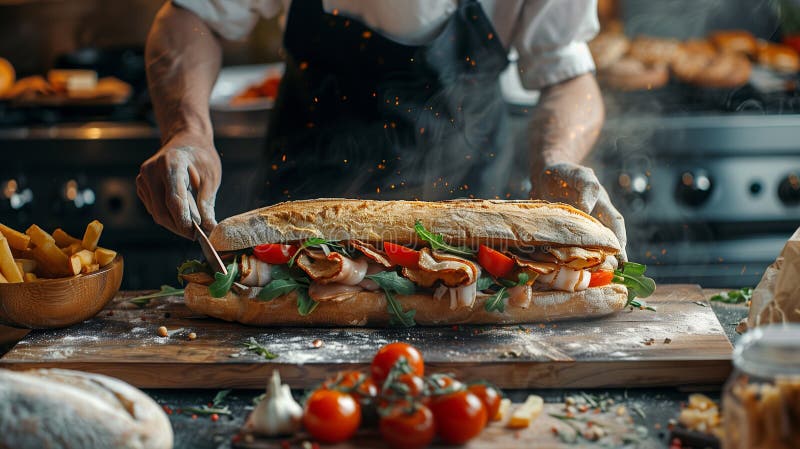 A Chef is Cutting a Sandwich on a Wooden Cutting Board Stock ...