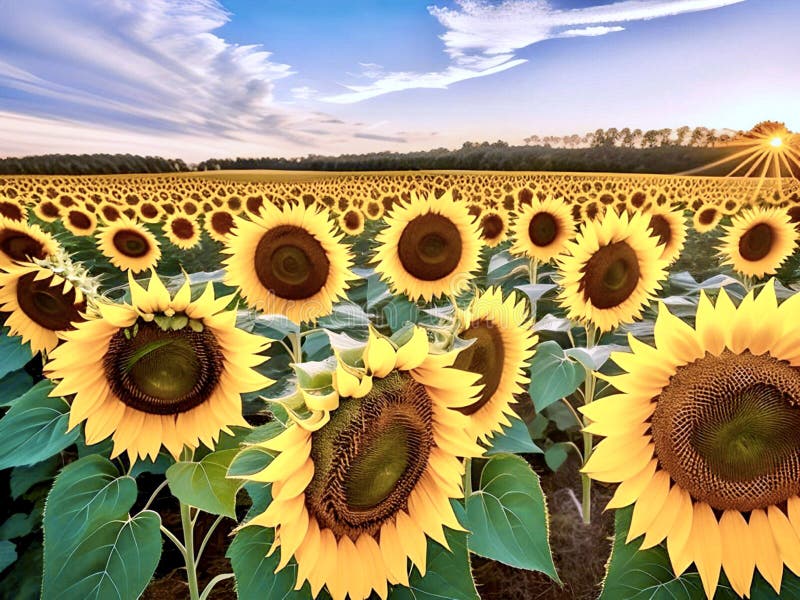 Sunflower Field at Sunset. Beautiful Summer Landscape with Sunflowers ...