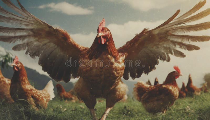 Majestic Free-Range Chicken Spreading Wings in Open Field with Warm ...