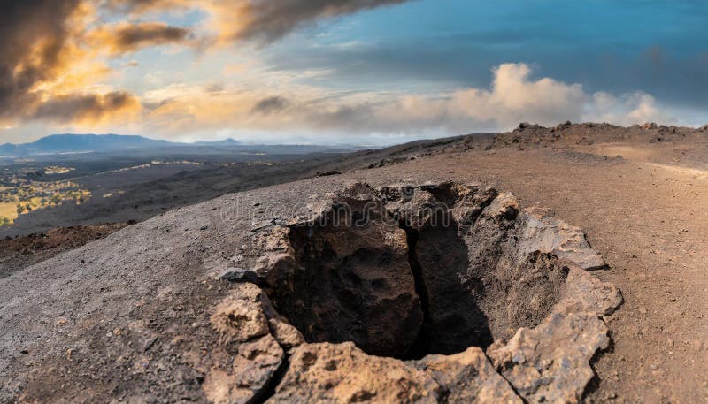 Volcanic Landscape with Crater Close-Up and Dramatic Sky at Sunset ...