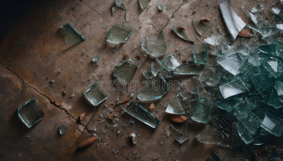 Shattered Glass Pieces on Aged Concrete Floor with Rust and Debris in ...