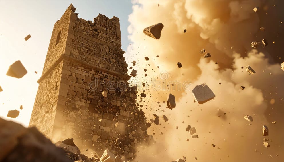 Ancient Tower Explosion with Flying Debris in Golden Dust Light Stock ...