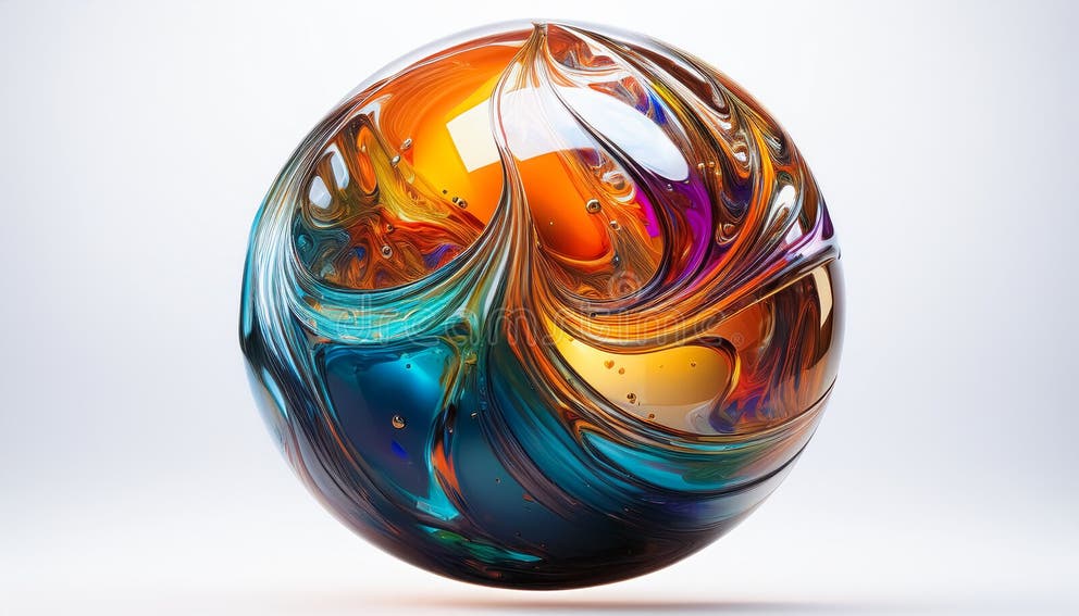 Fluid Glass Orb with Orange, Blue and Teal Color Flow in Abstract Style ...