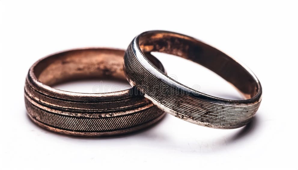 Close-up of Aged Metal Wedding Rings on White Background with Detailed ...