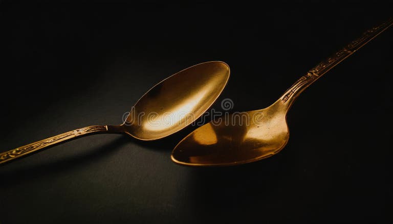 Two Vintage Gold Spoons on Dark Background Captured in Dramatic Low-Key ...