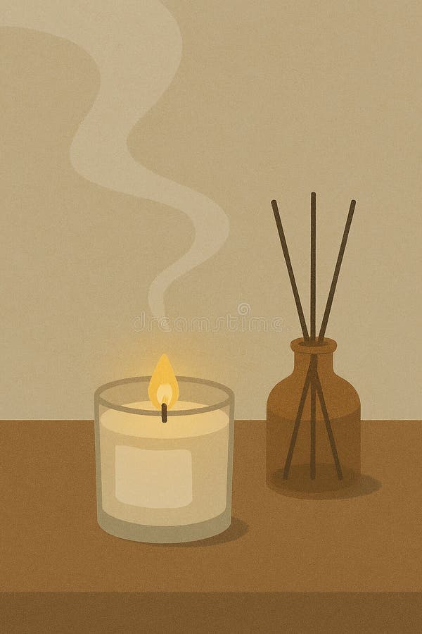 : a Lit Candle and a Reed Diffuser on a Table Stock Illustration ...