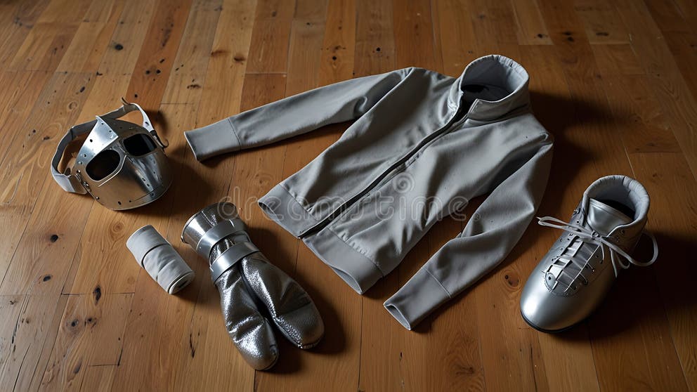 A Set of Fencing Equipment Including a Jacket, Mask, and Gloves Laid ...