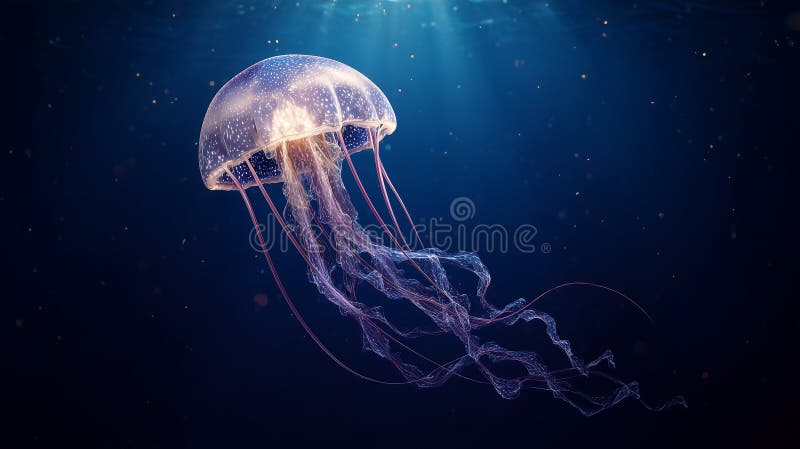 A Translucent Jellyfish in the Deep Blue Ocean. Close-up. Stock Image ...