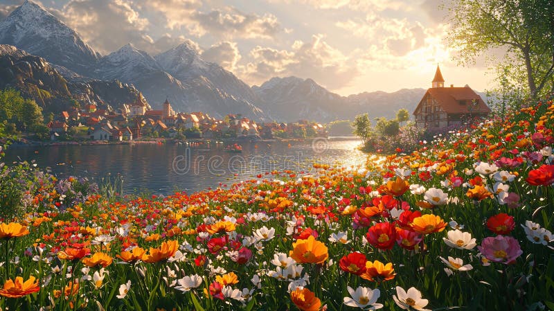 Colored Flowers Surround the Lakeside Town Stock Illustration ...