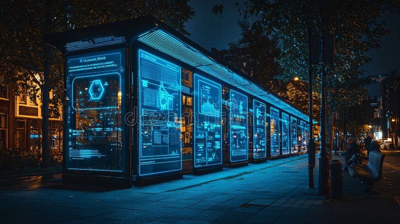 Digital Screens at Night Bus Stops Stock Photo - Image of innovation ...