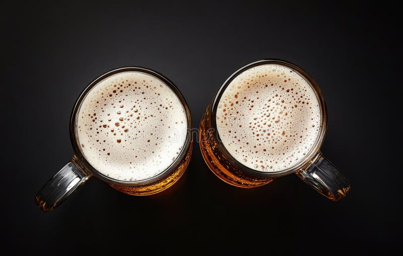 Golden Beer Mugs in Symmetry Top View on Dark Surface AI Generated ...