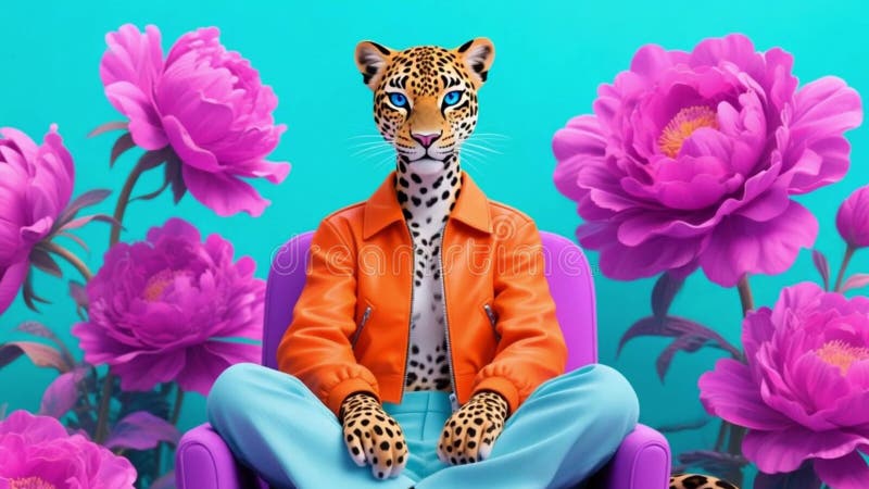 Stylish Anthropomorphic Leopard in Colorful Fashion Sitting among Pink ...