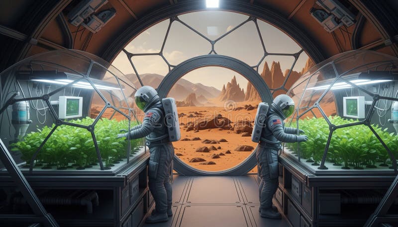 Astronauts Farming Inside Mars Colony Greenhouse with Red Planet View ...