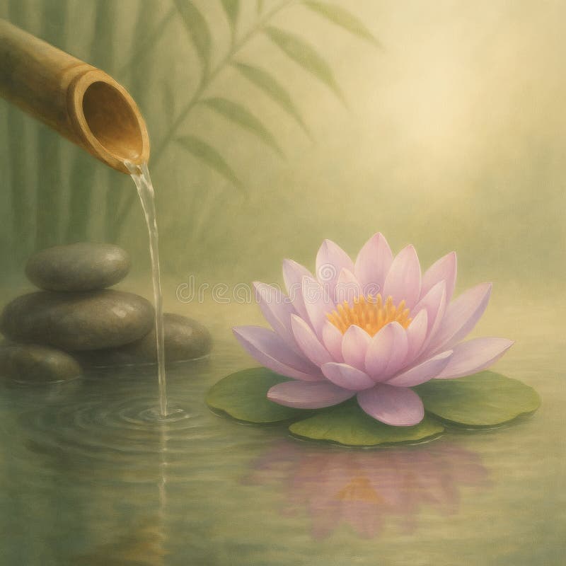 Zen Bamboo Fountain and Lotus Flower in Tranquil Pond Stock Photo ...