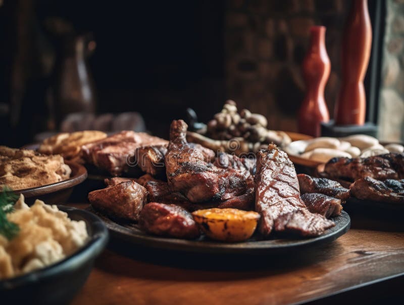 Delicious Barbecued Mixed Meats Served in a Rustic Setting. Stock ...