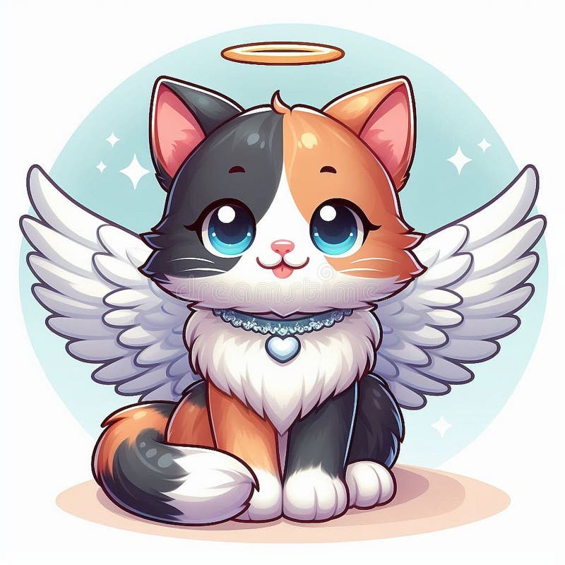 Cute Calico Cat Angel with Halo and Necklace, Seated Stock Illustration ...