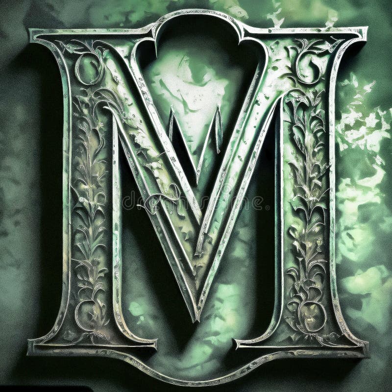 Monogram Letter "M" in Gothic Style, Green and Black Tones Stock ...