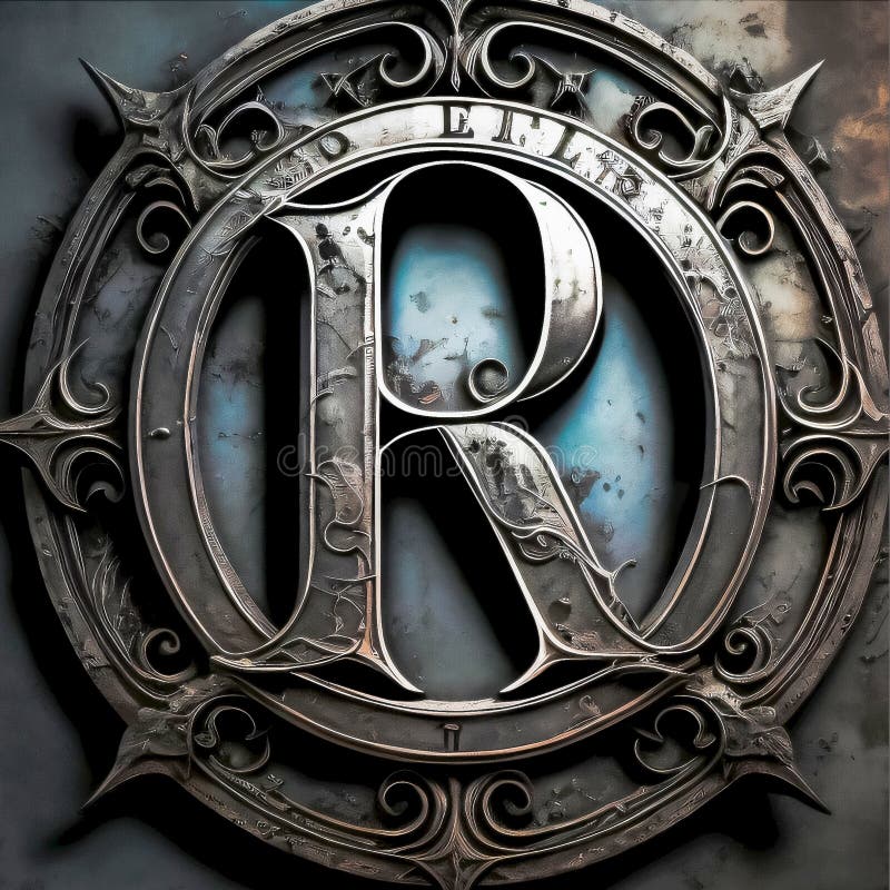 Monogram Letter "R" in Gothic Style, Blue and Brown Tones Stock ...