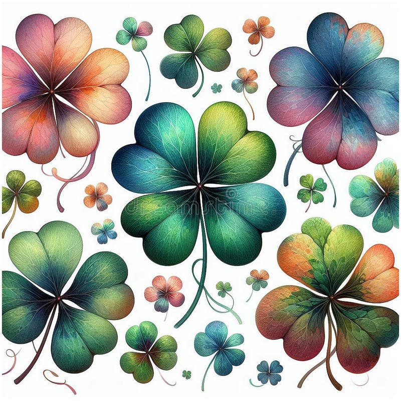 Pattern of Lucky Four Leaf Clovers in Multiple Colors Stock ...