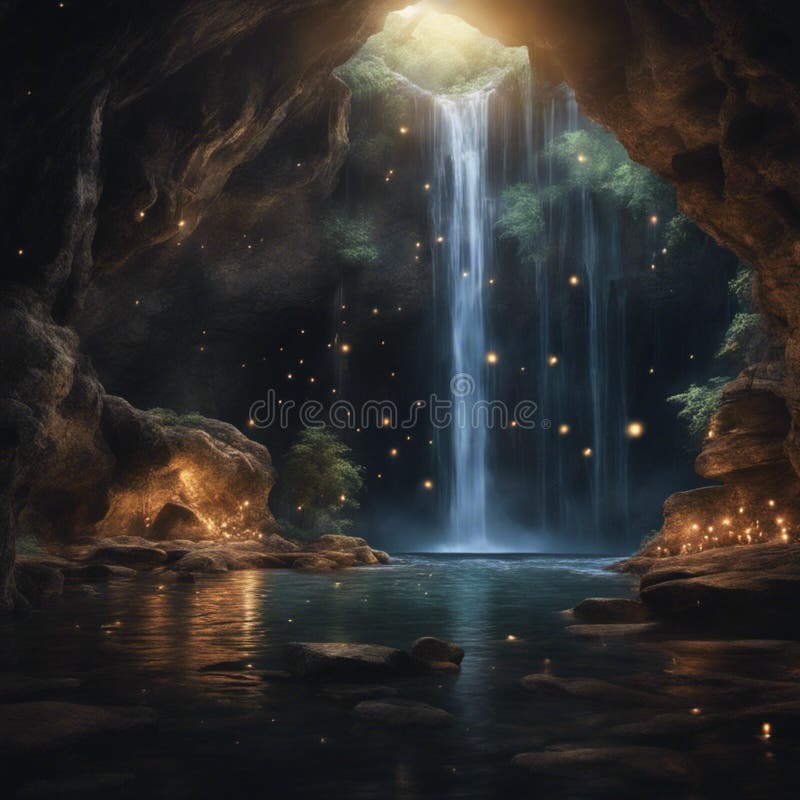 An Image of the Water Falls into the Cave, Surrounded by Candles and ...