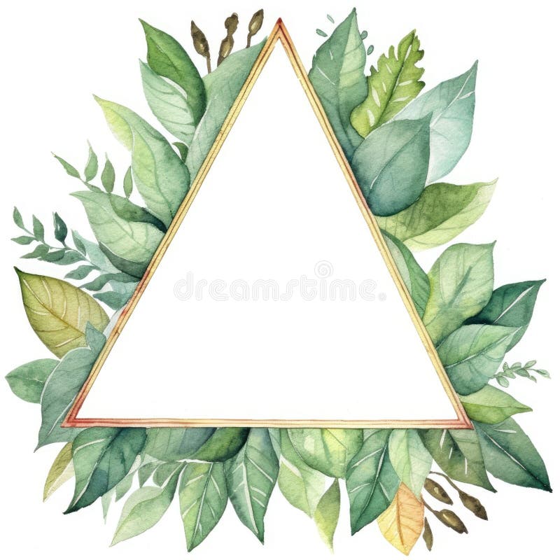 Image of Watercolor Green Leaves Triangle Frame on a White Background ...